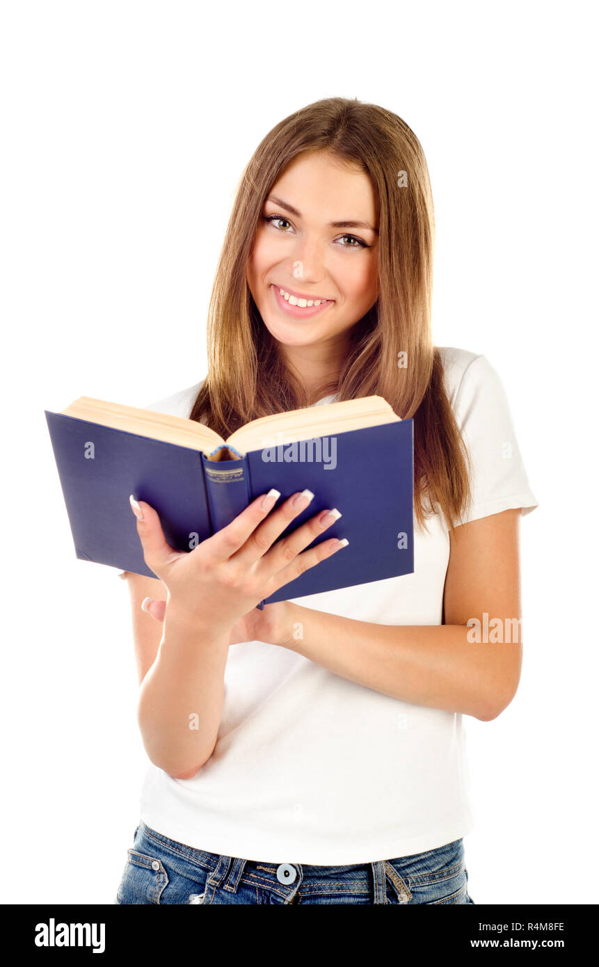 young girl with book isolated on a white background Stock Photo - Alamy