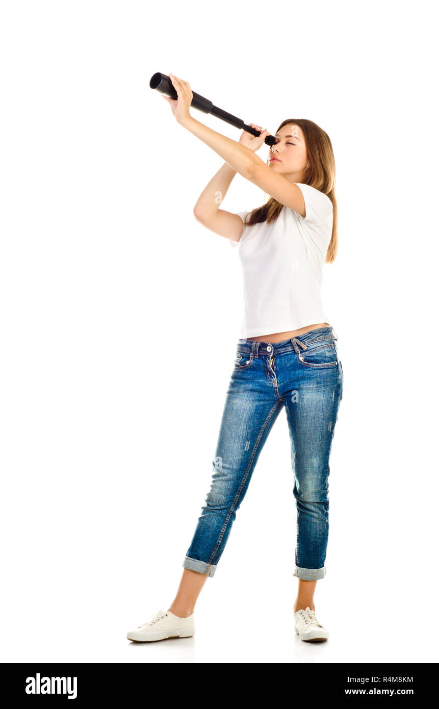 young girl with telescope isolated on a white background Stock Photo ...
