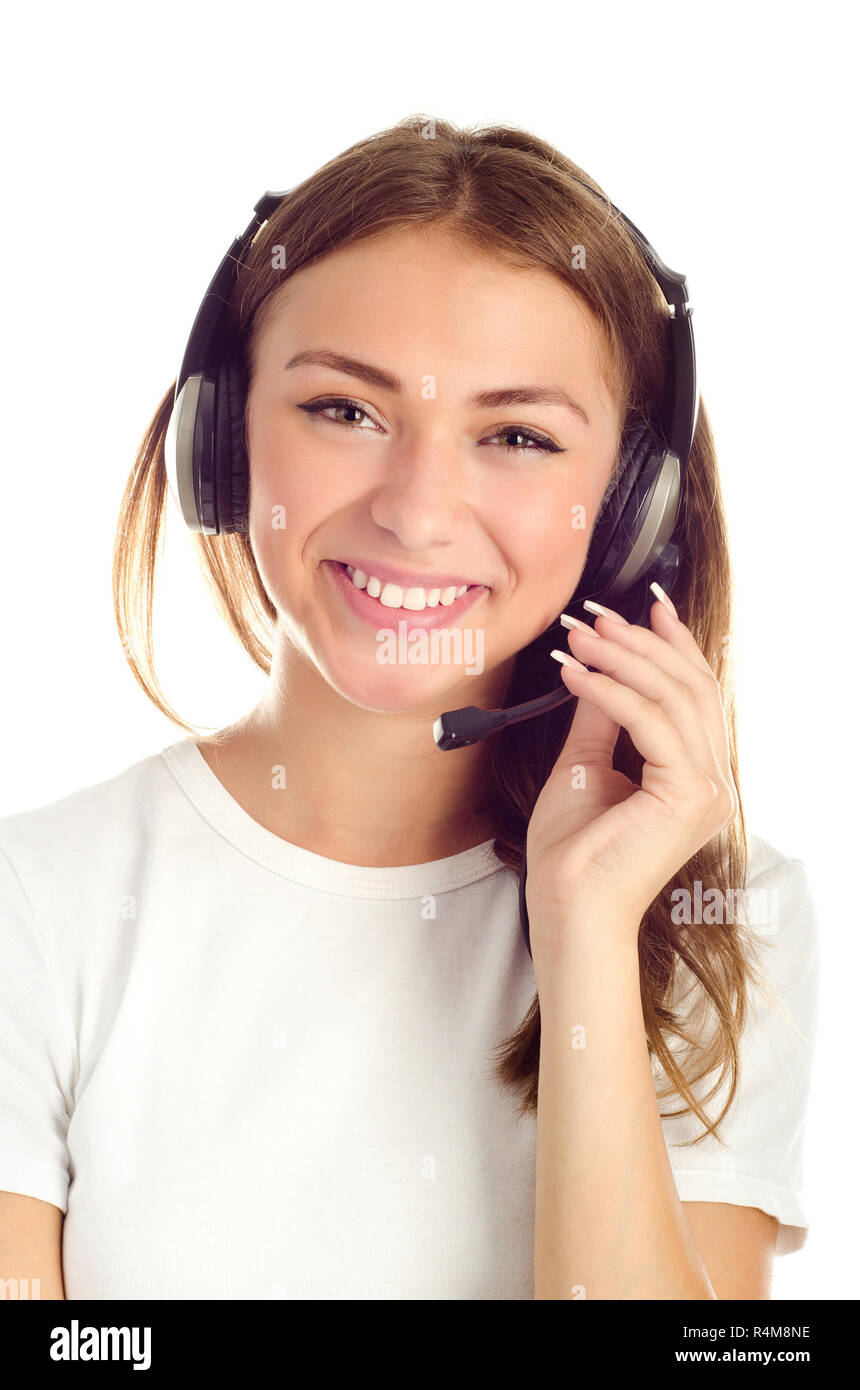 young girl with headset isolated on a white background Stock Photo - Alamy
