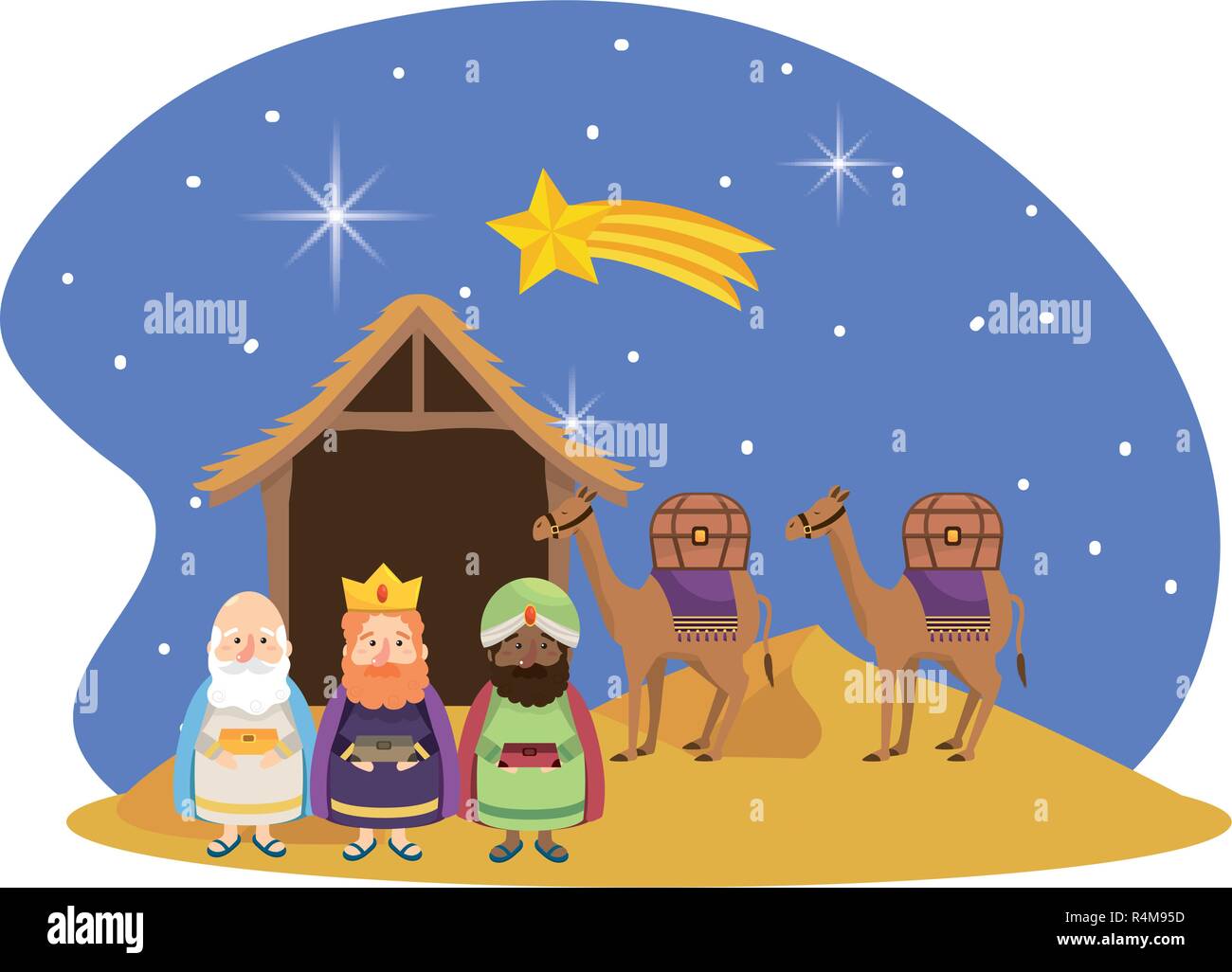 christmas nativity manger with three wise men and camels with shooting ...