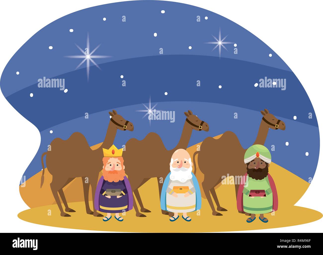 christmas nativity scene wise men with camels at night cartoon vector ...