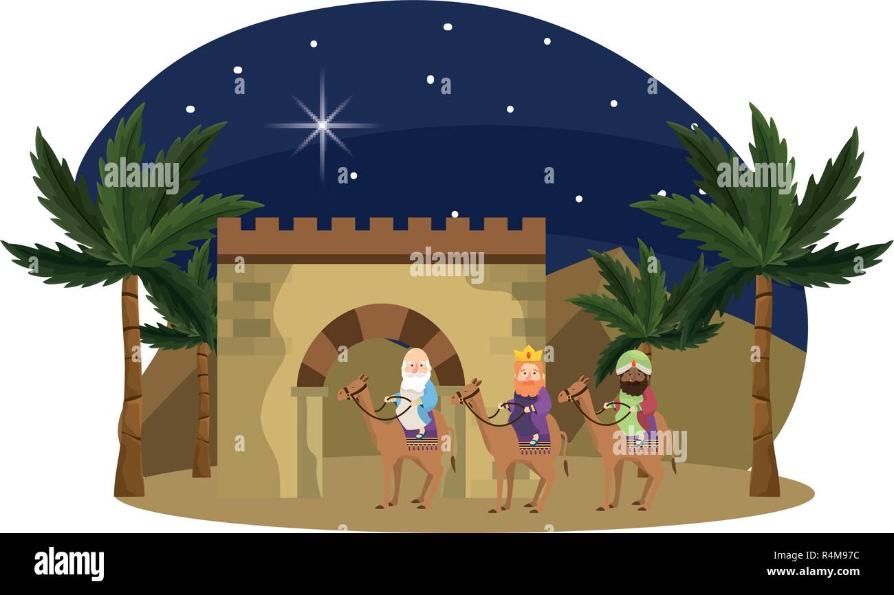 christmas nativity scene nazareth wall with wise men and palm trees at ...