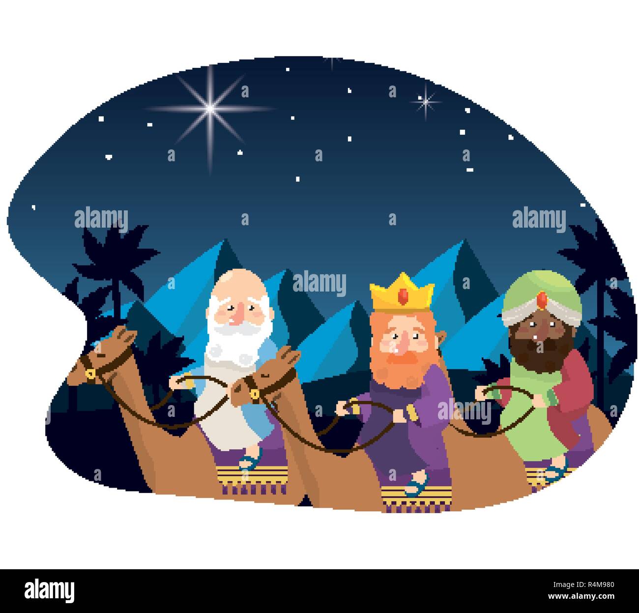 christmas nativity scene wise men with camels at night cartoon vector ...