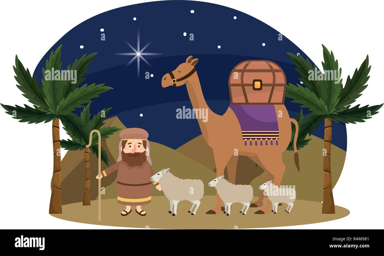 christmas nativity scene wise man with camel and sheeps at night ...
