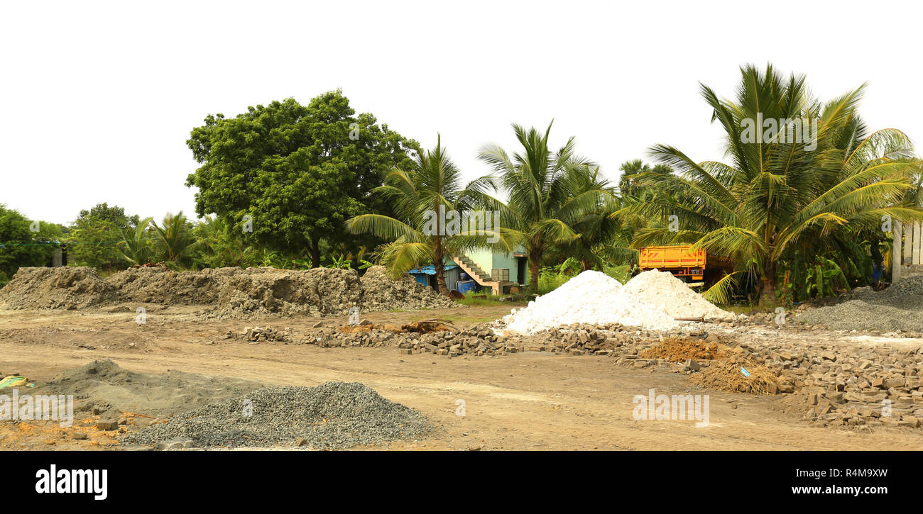 Factory building exterior with warehouse. coconut tree with blue sky ...