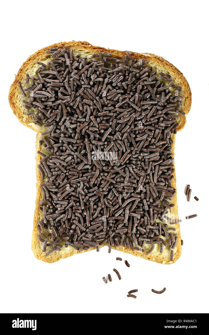 Dutch white bread with hagelslag (chocolate sprinkles) topping isolated ...