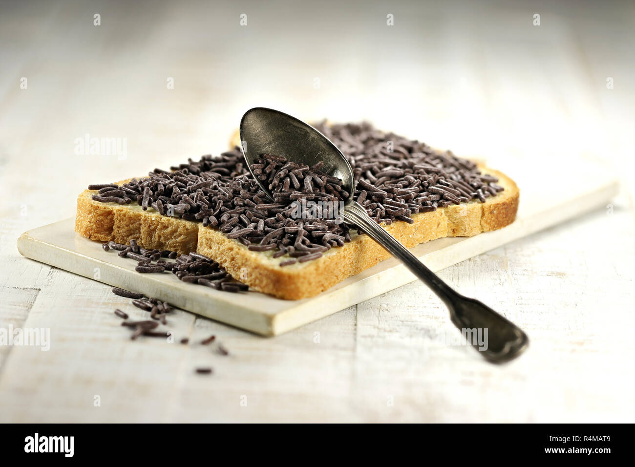 Dutch white bread with hagelslag (chocolate sprinkles) topping on ...