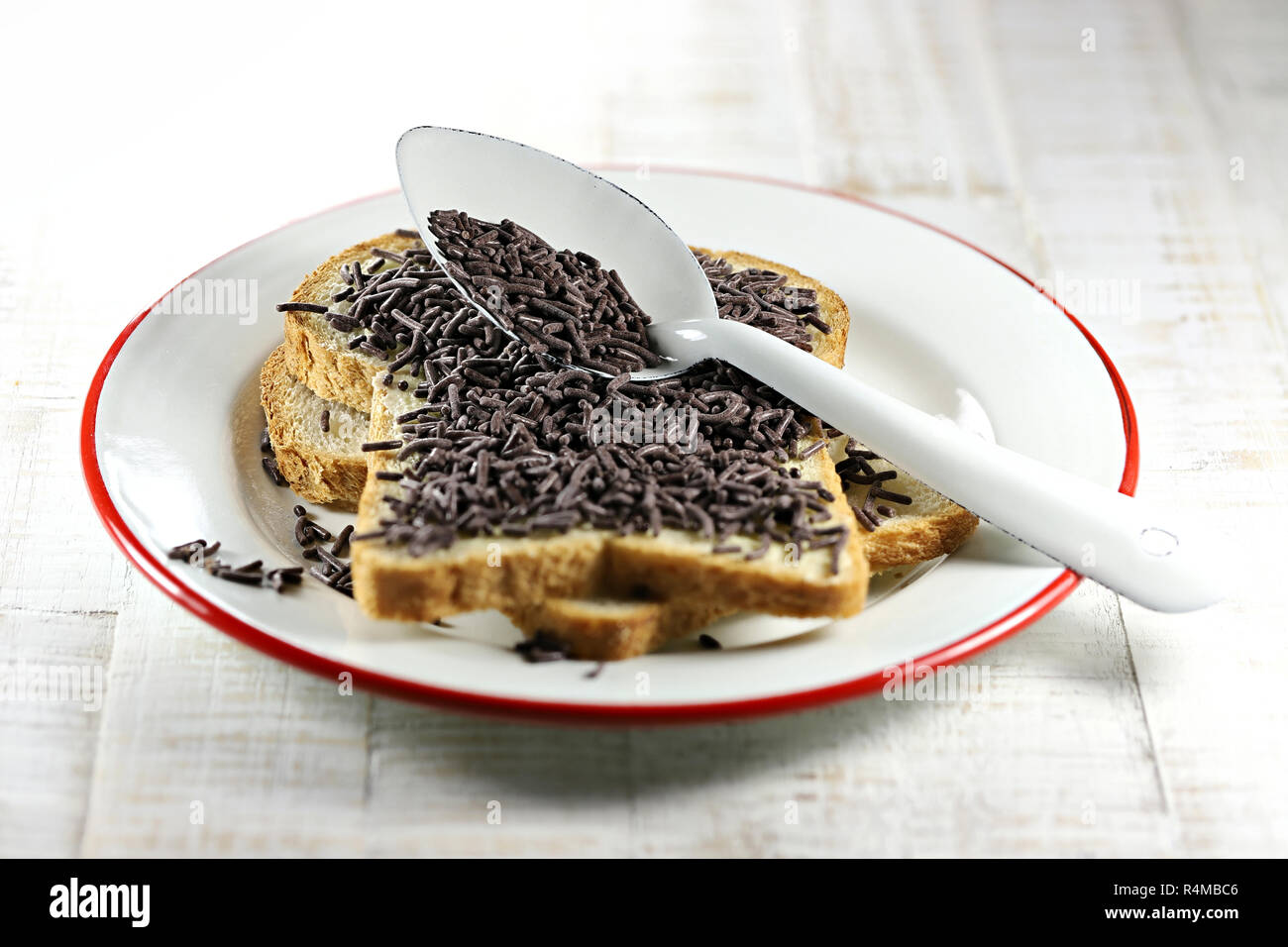 Dutch white bread with hagelslag (chocolate sprinkles) topping on ...