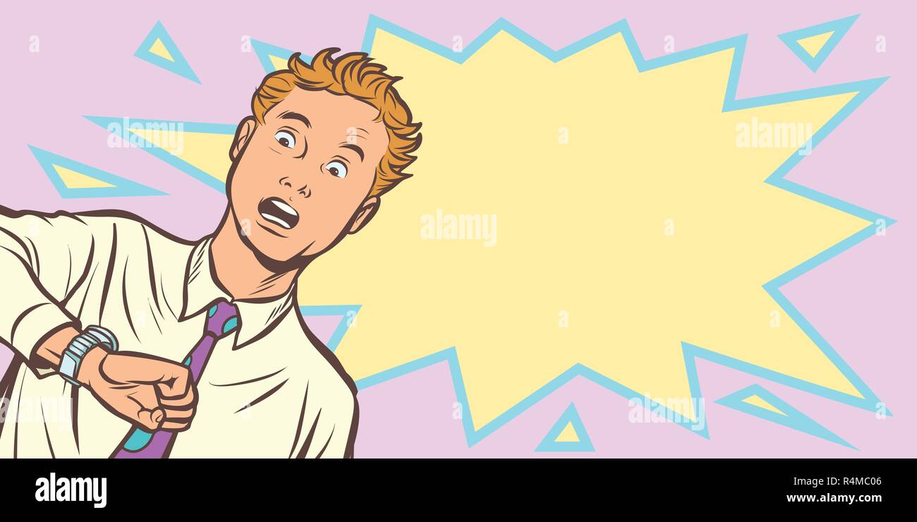A man looks at his watch, late. Deadline concept. Comic cartoon pop art ...