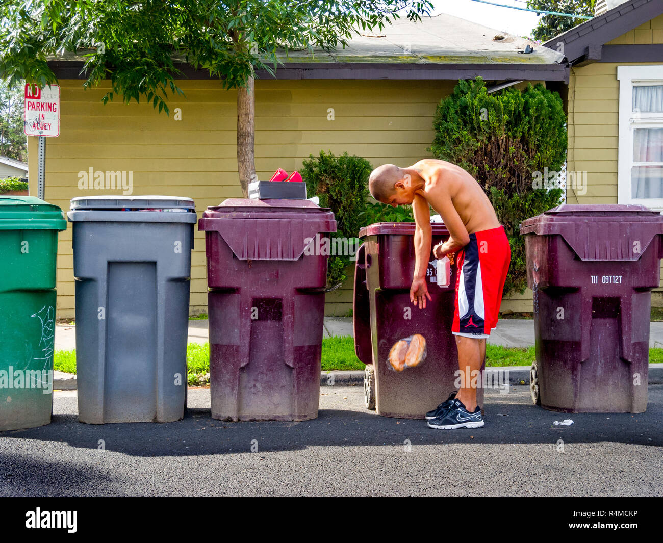 A determined homeless Hispanic man searches street trash containers for ...