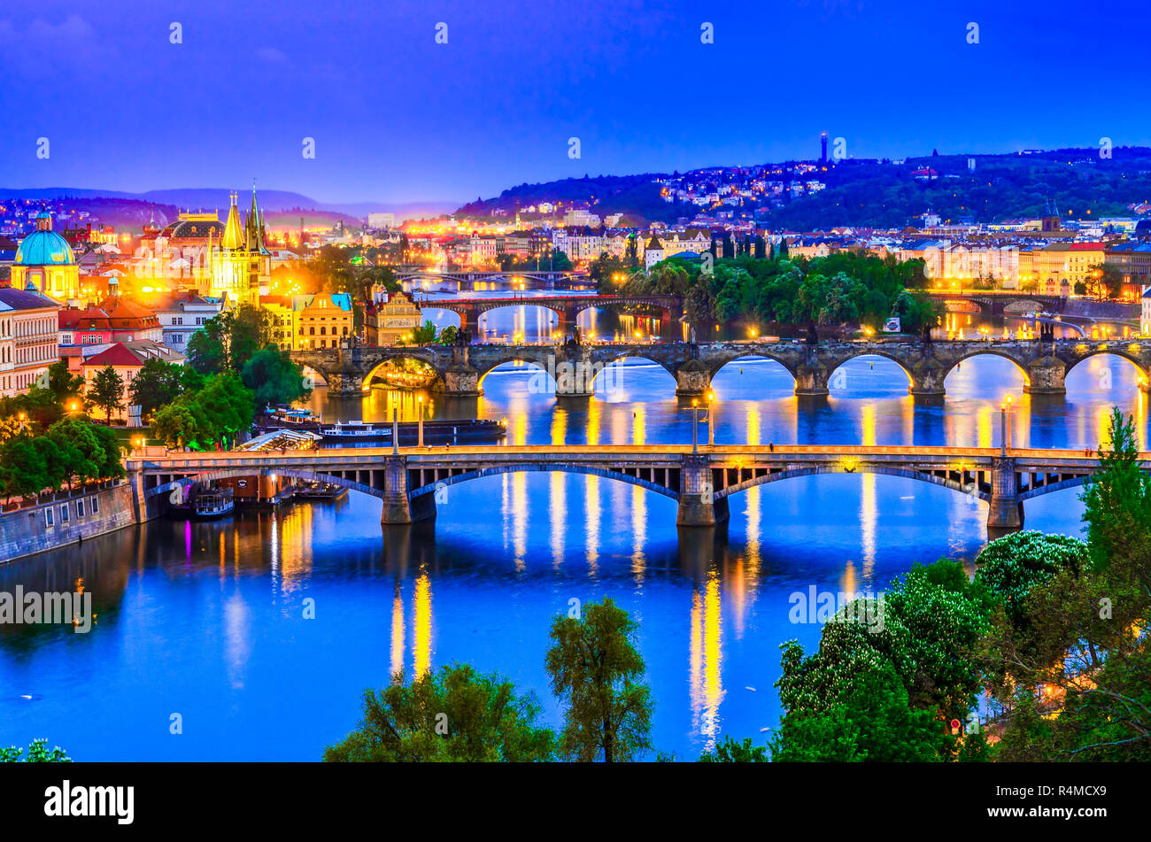 Prague, Czech republic: Vltava river and its bridges at sunset Stock ...