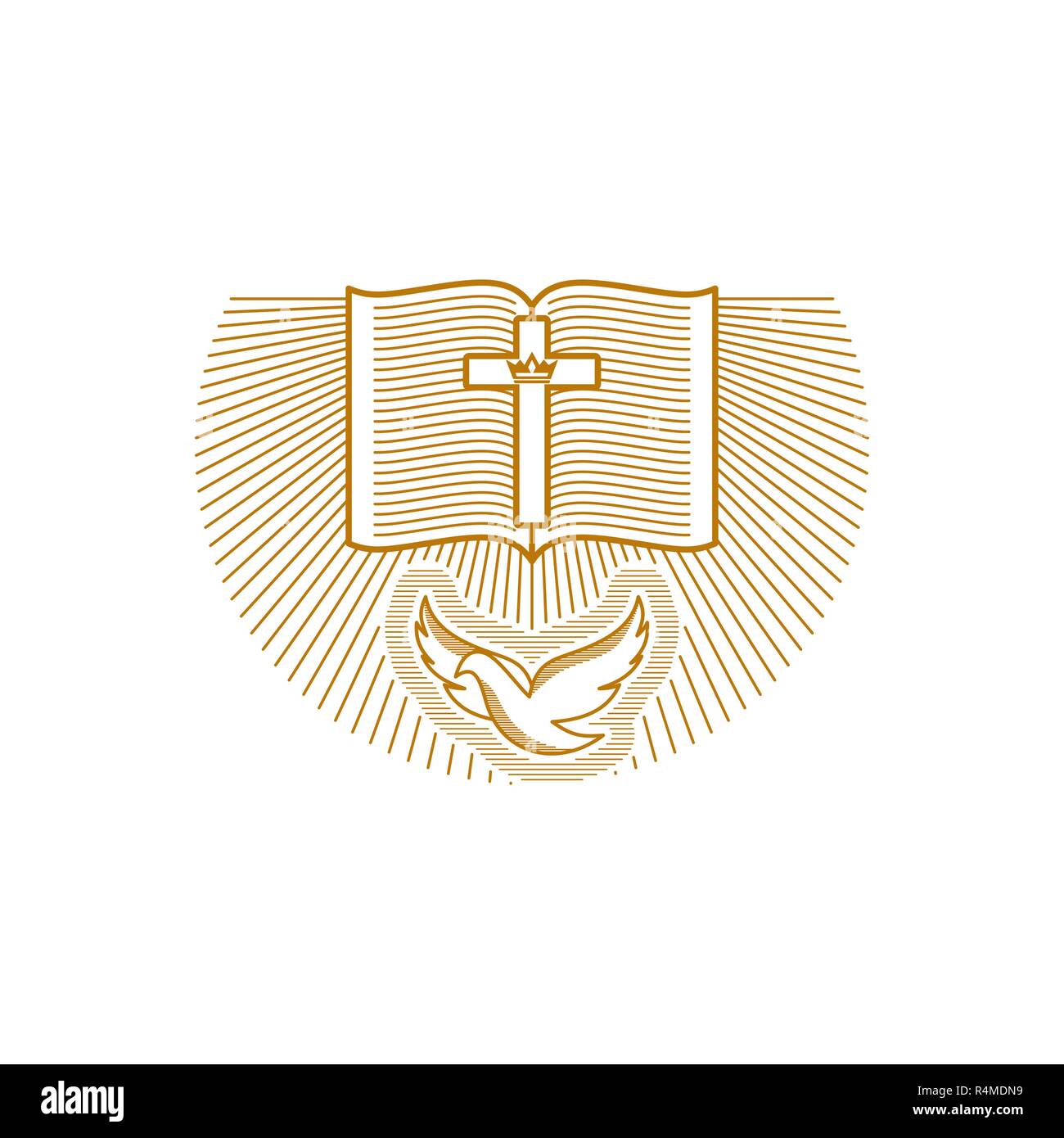 Church logo. Christian symbols. The open Bible, the cross of Jesus ...