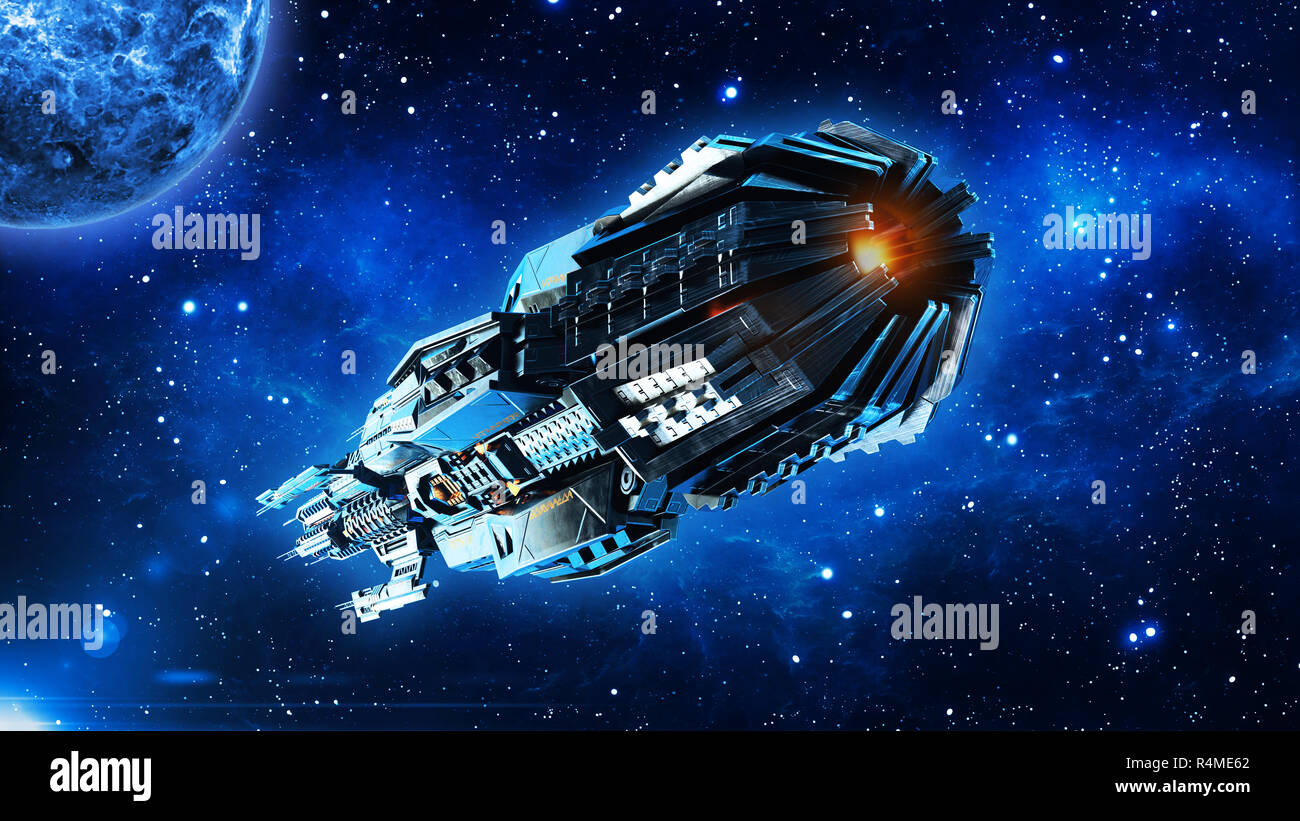 Alien mothership, spaceship in deep space, UFO spacecraft flying in the Universe with planet and ...