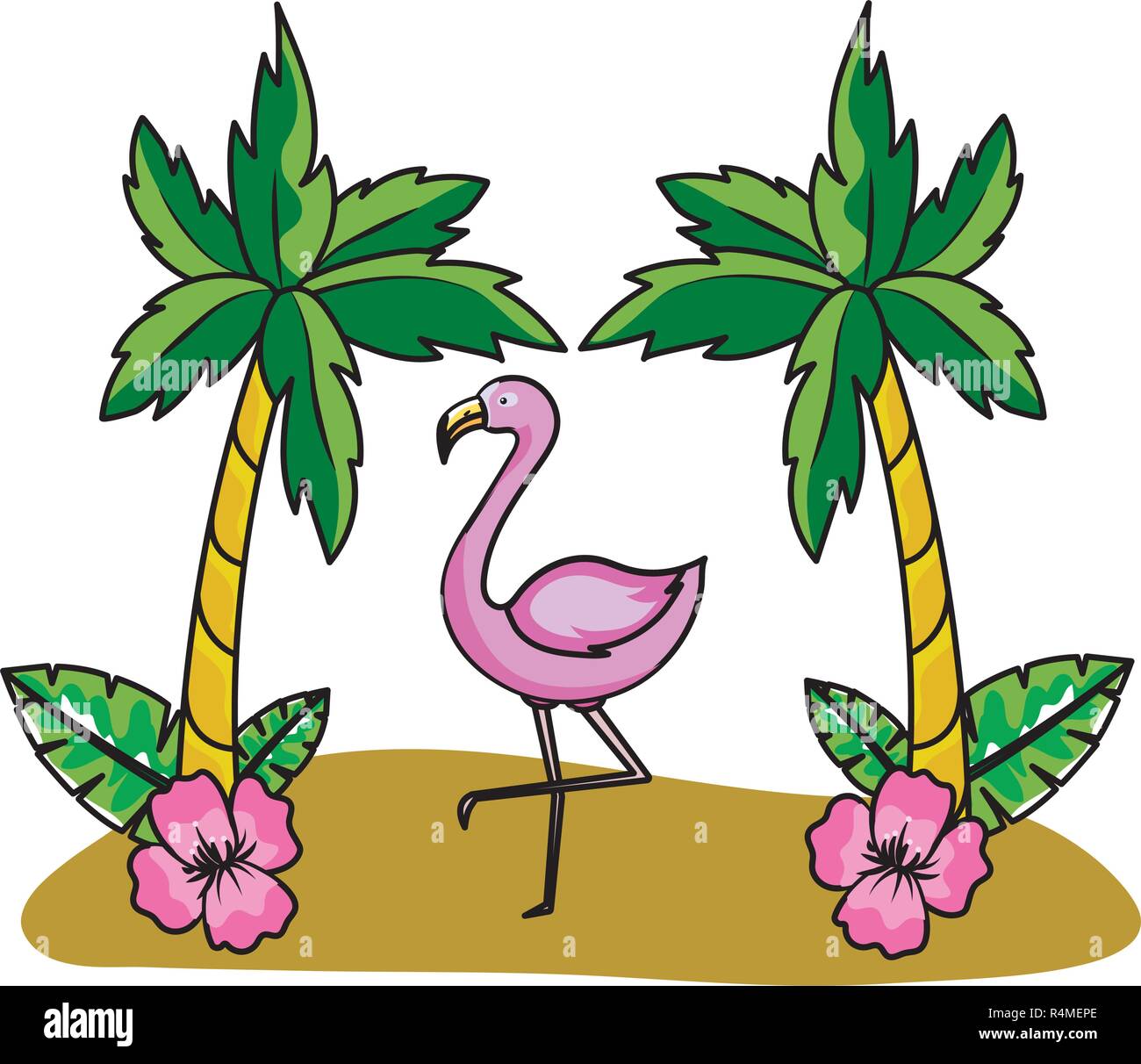 tropical summer pink flamingo with palm beach cartoon vector ...