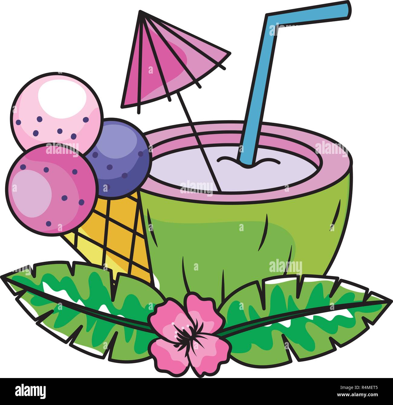 tropical summer coconut cocktail with ice cream cartoon vector ...