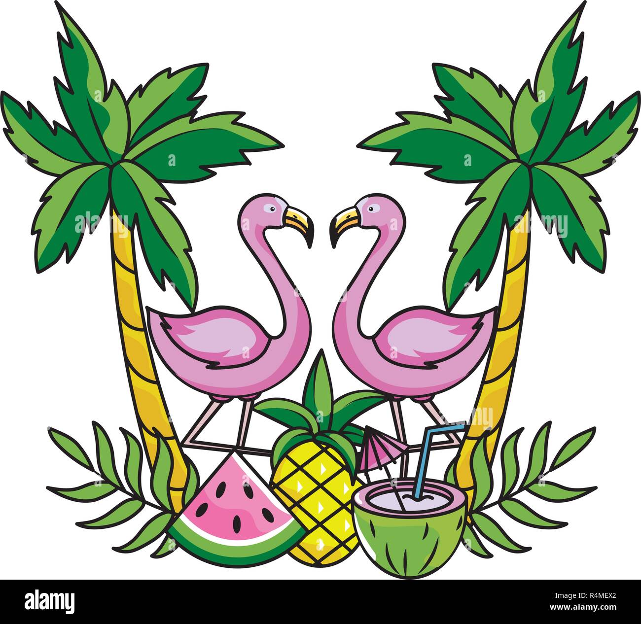 tropical summer watermelon with pink flamingos and pineapple with ...