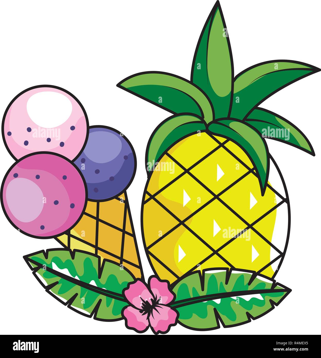 tropical summer pineapple with ice cream cartoon vector illustration ...