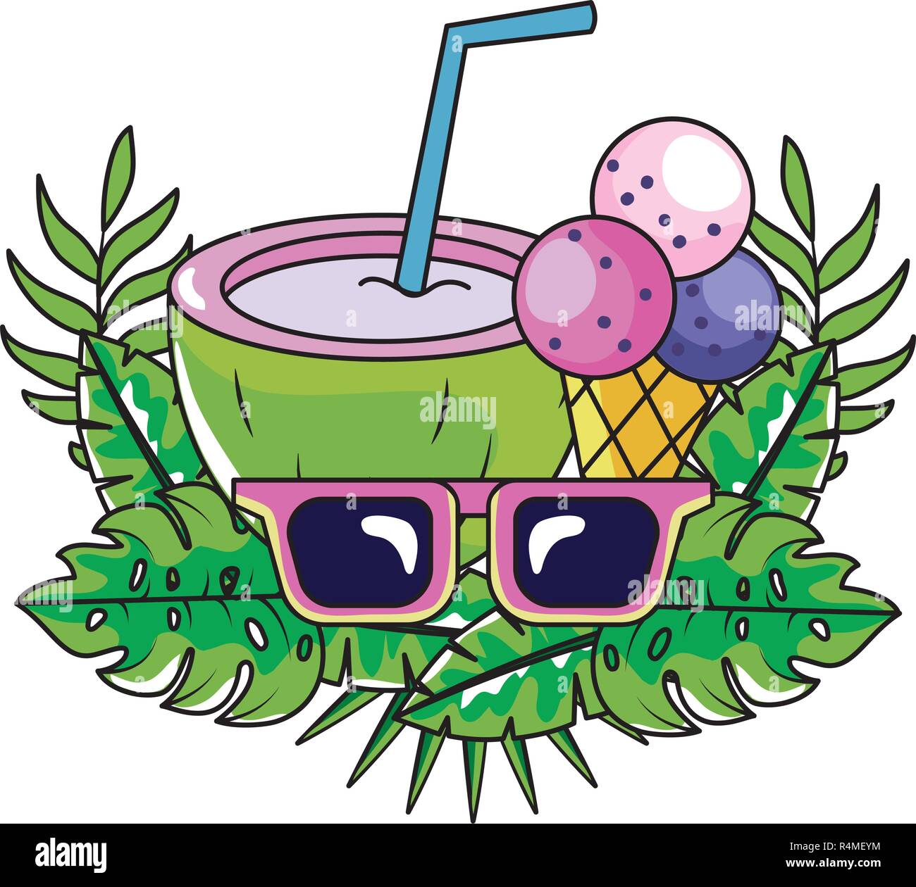 tropical summer sunglasses with coconut cocktail and ice cream cartoon ...