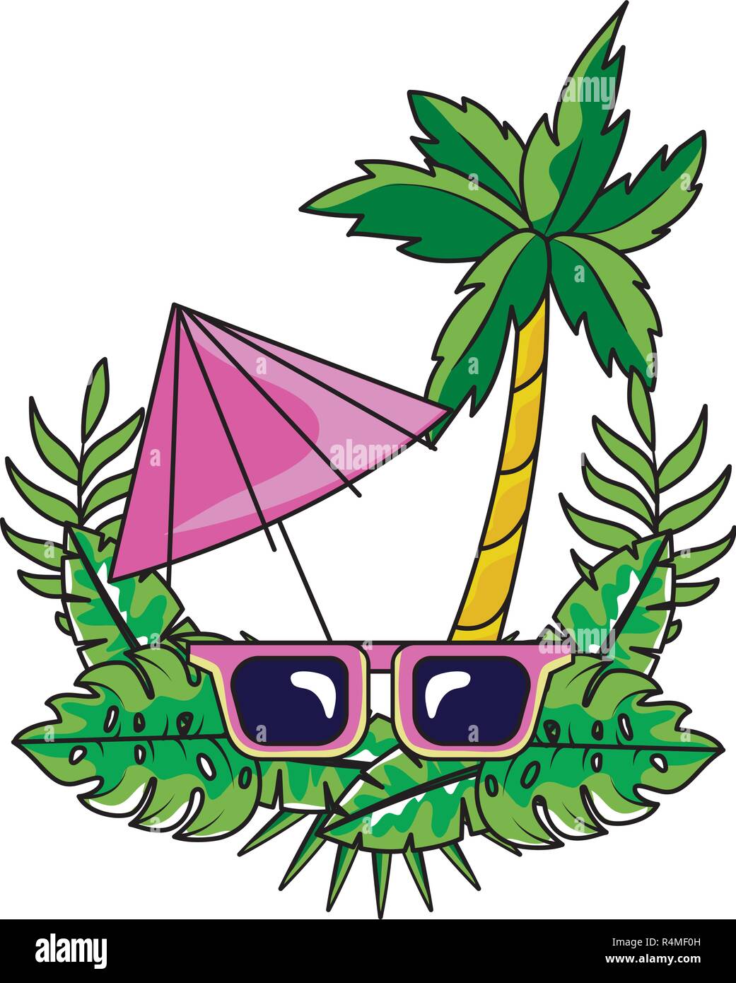 tropical summer sunglasses with umbrella and palm beach cartoon Stock ...