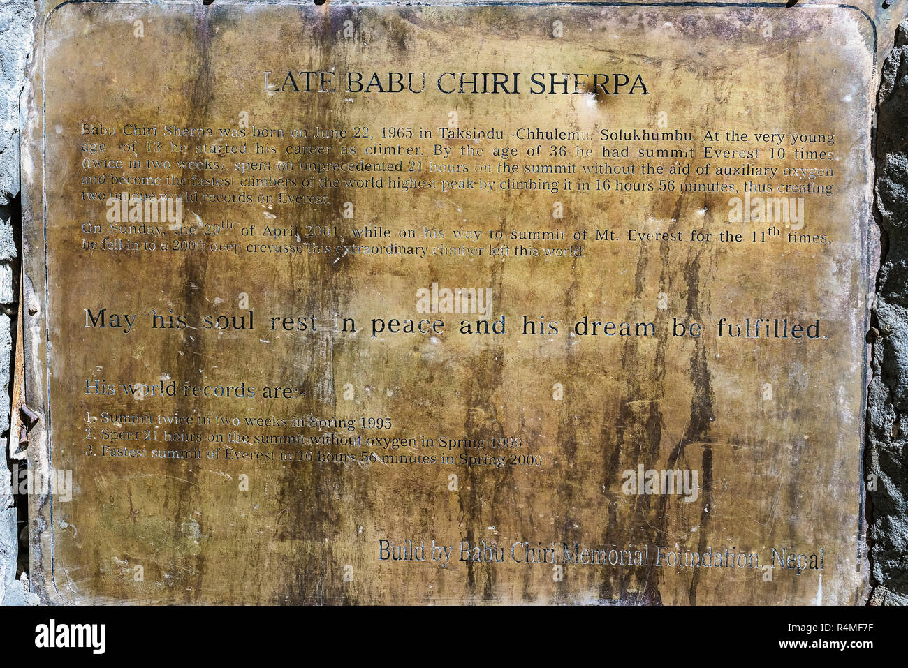 Lobuche, Nepal - October 31, 2018: Babu Chiri Sherpa memorial plaque a ...