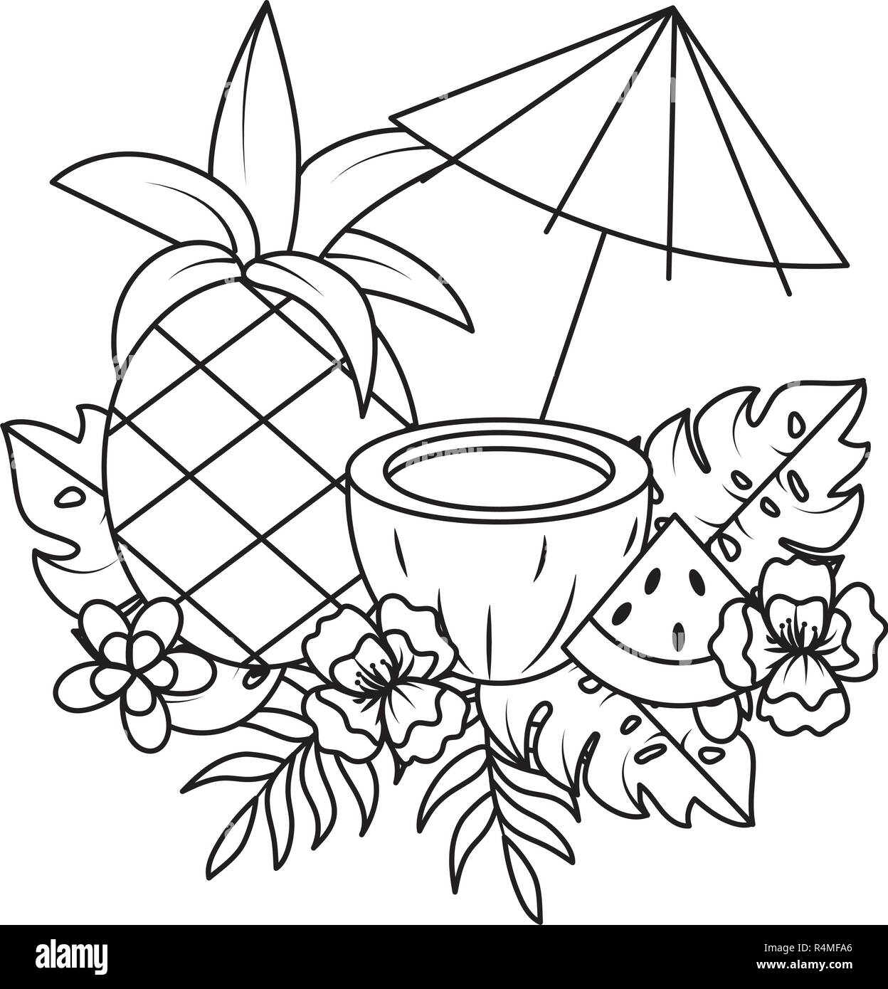 tropical summer pineapple with coconut cocktail cartoon vector ...