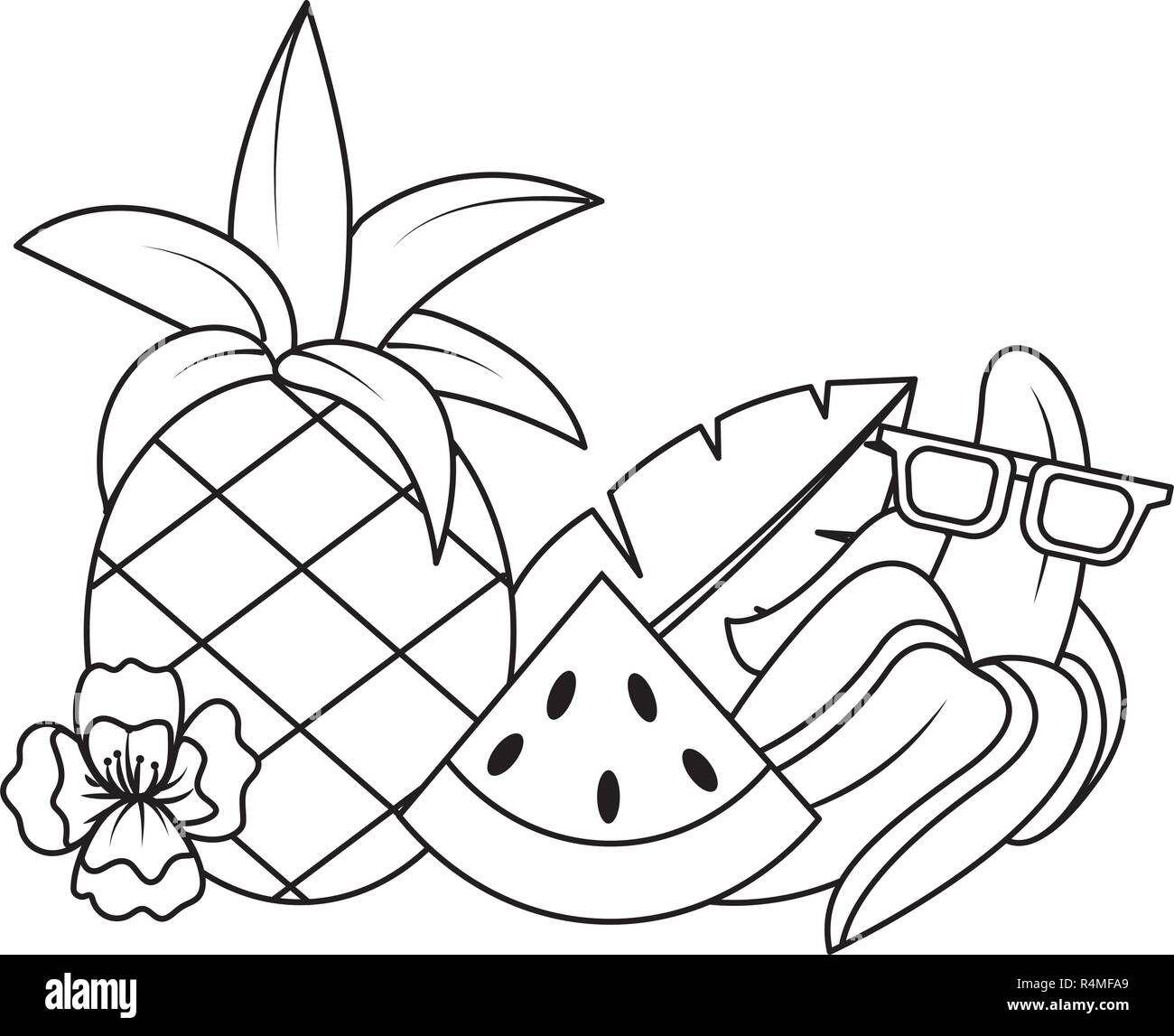 tropical summer watermelon with pineapple and banana cartoon vector ...