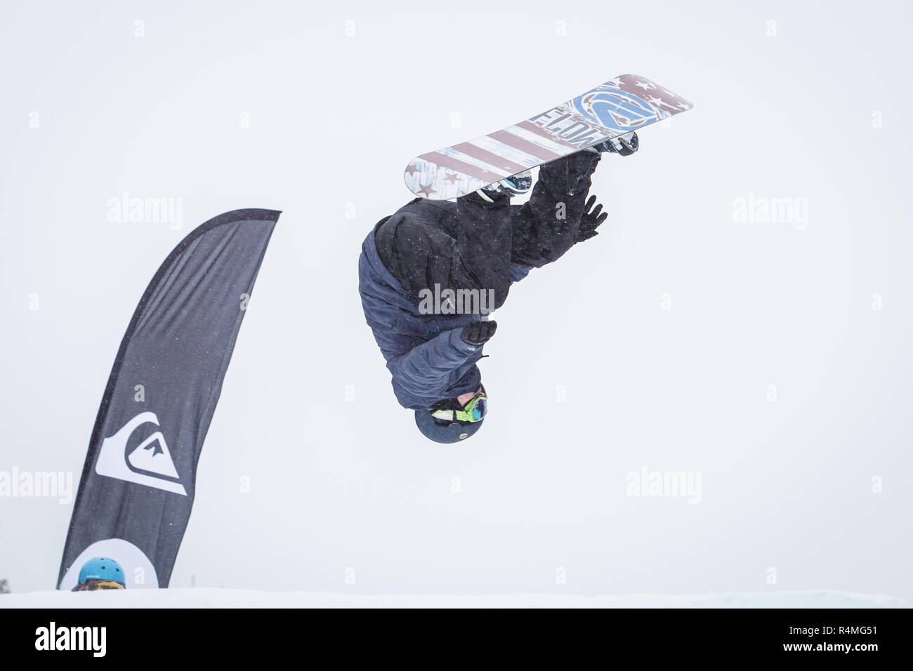 BUKOVEL,UKRAINE-20 MARCH,2018: Snowboard contest in winter park.Young ...