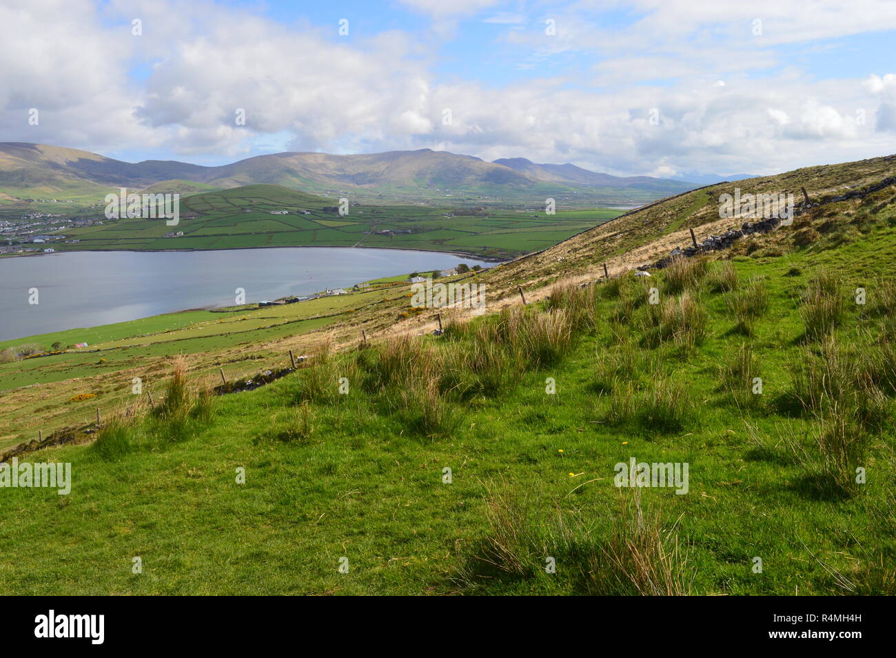 Typical Irish green landscape with hills in the background and lake ...
