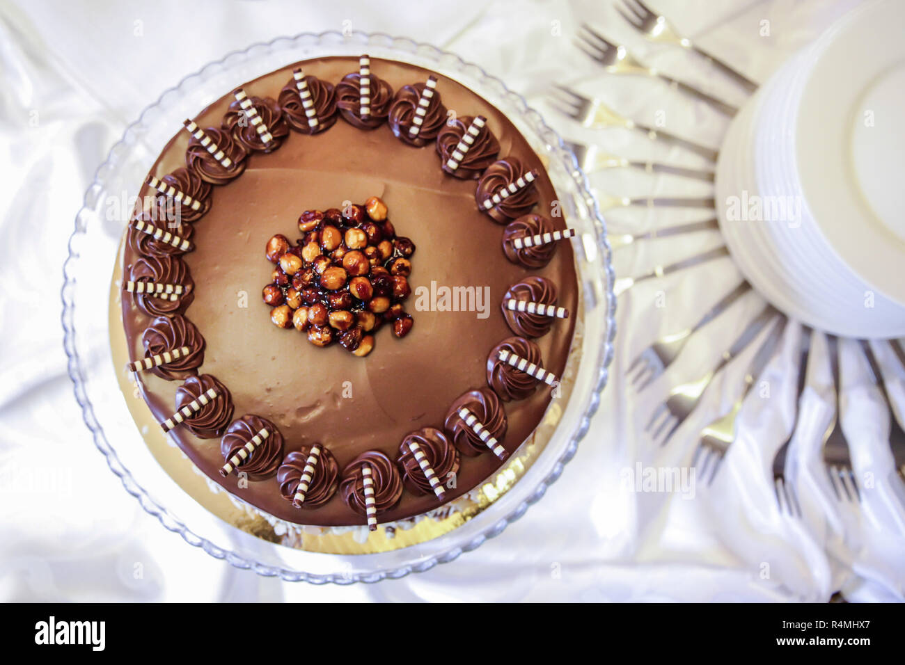 Chocolate cake on a table. Horizontal view from above Stock Photo - Alamy