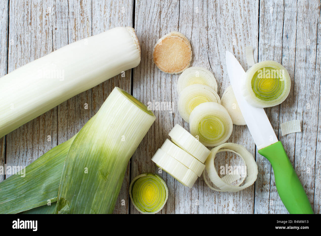Fresh leeks whole and sliced Stock Photo - Alamy