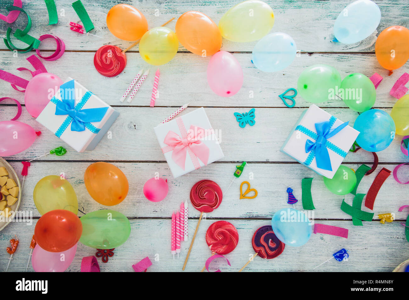 Birthday objects on wood Stock Photo - Alamy