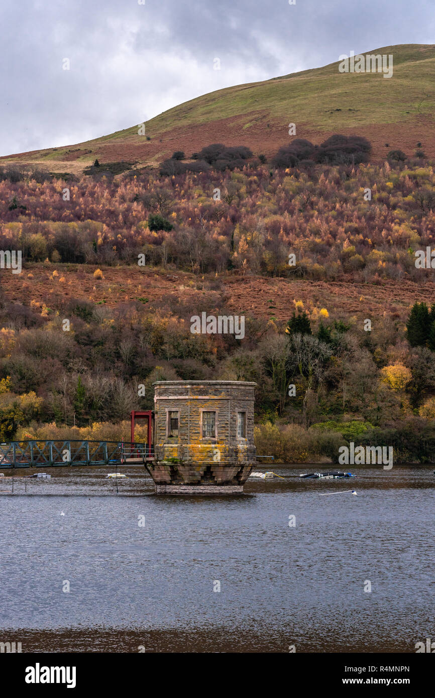 The reservoir valve tower at Talybont Reservoir in the Brecon Beacons ...