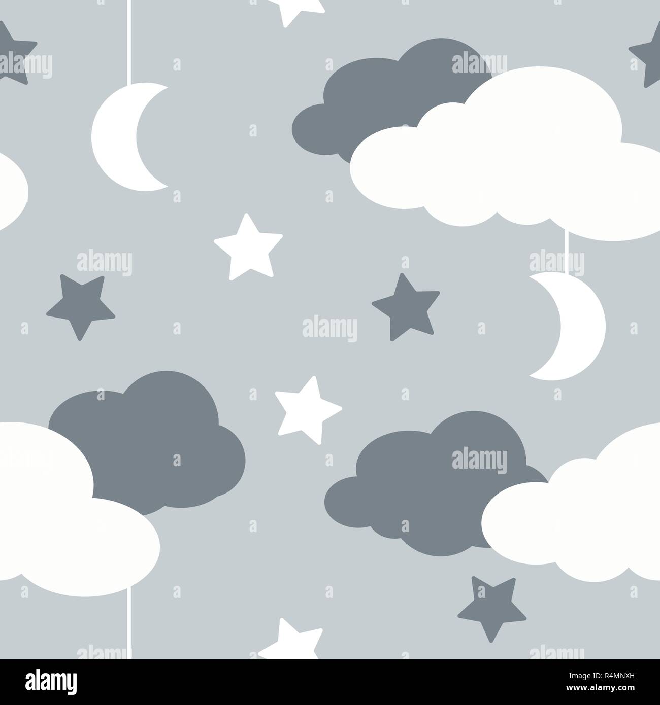 Seamless pattern with sky elements in line art style, grey night Stock ...
