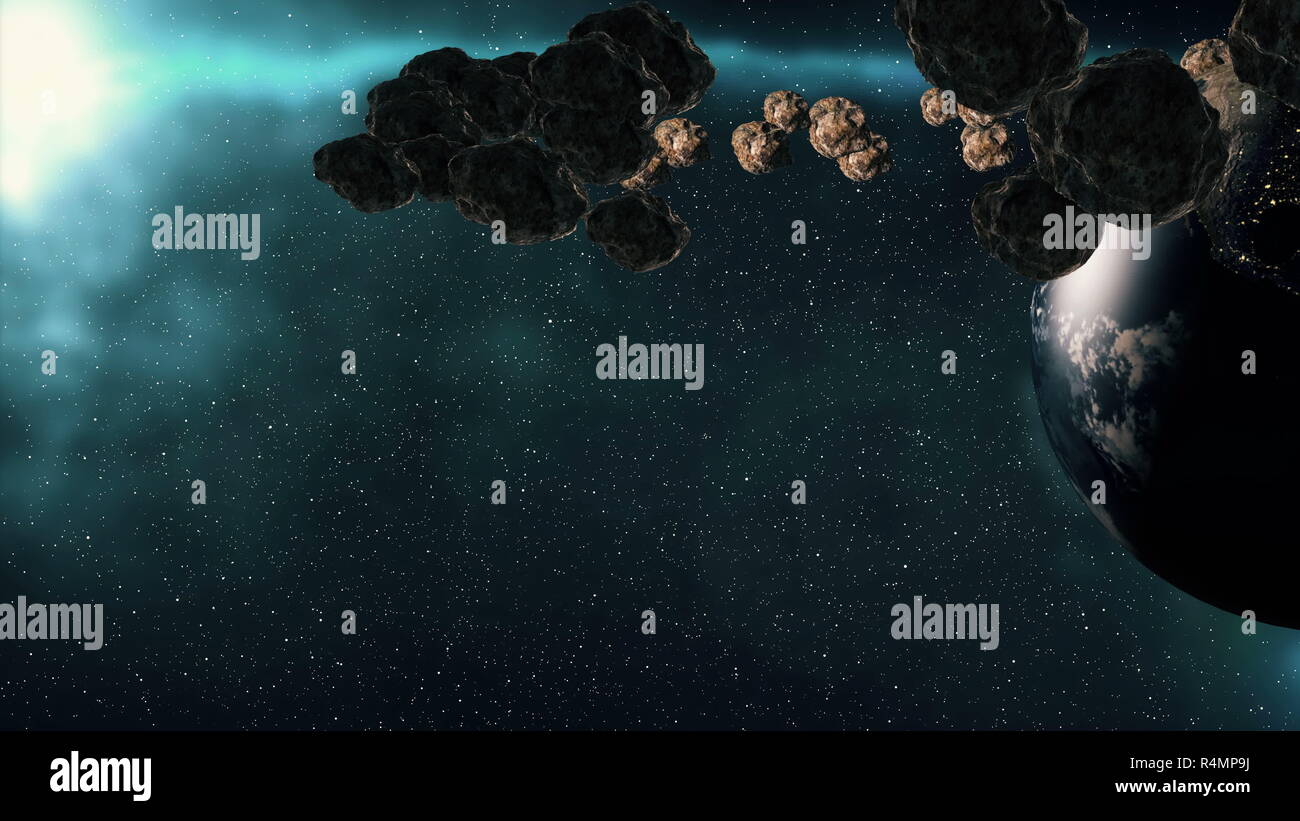 Planet Earth and asteroids spinning around its axis. Futuristic cosmic ...