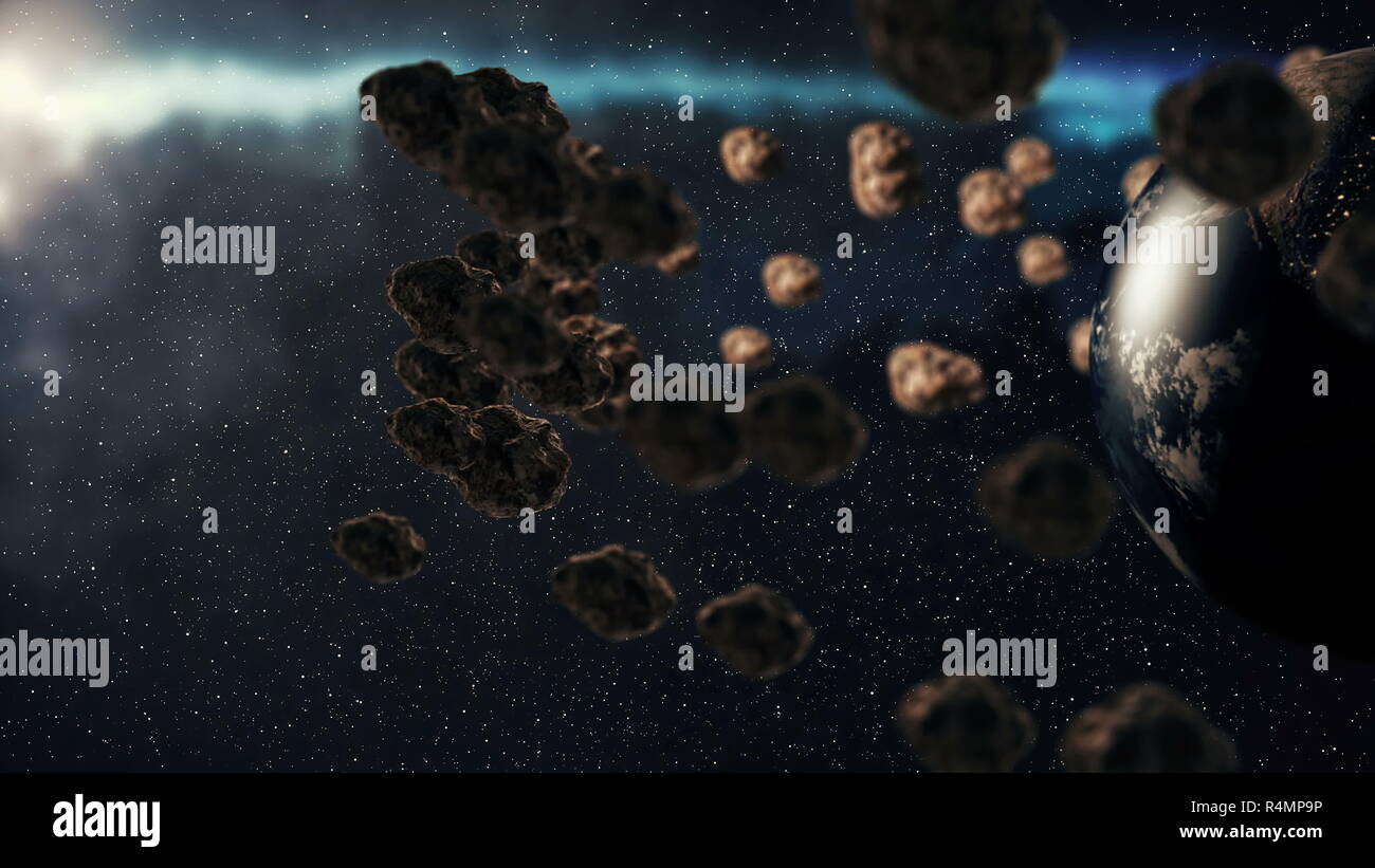 Planet Earth and asteroids spinning around its axis. Futuristic cosmic ...