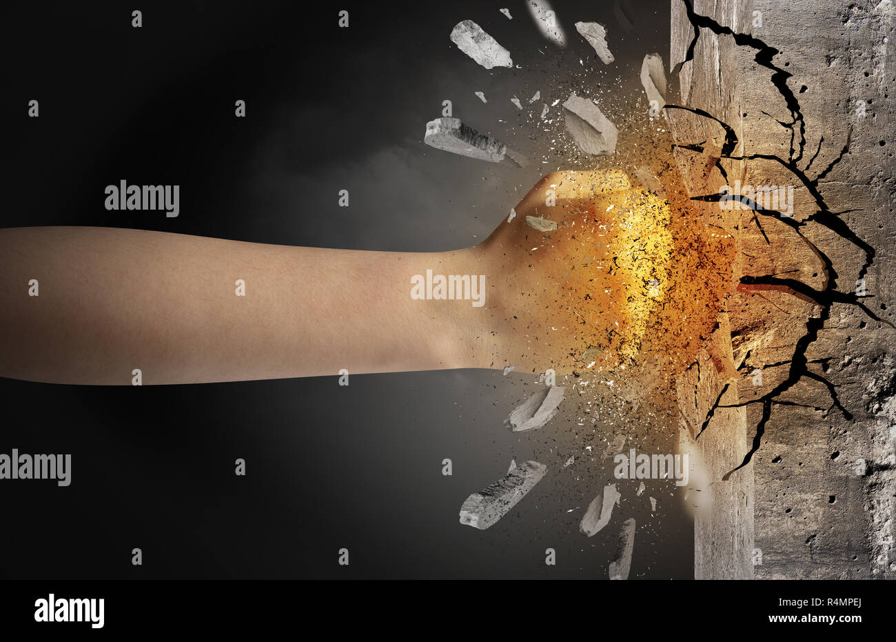 Big hand hits intense and breaks a crass stonewall Stock Photo - Alamy