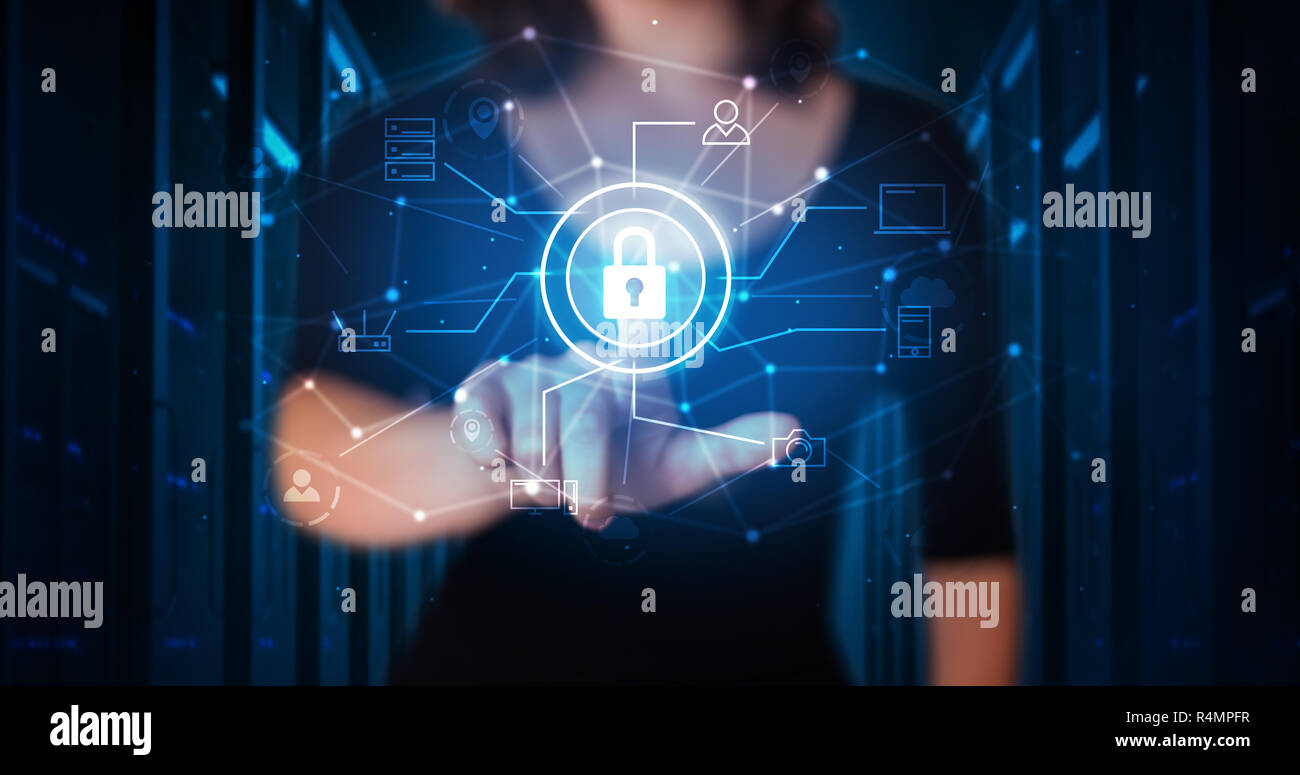 Woman touching hologram projection displaying cloud system Stock Photo ...