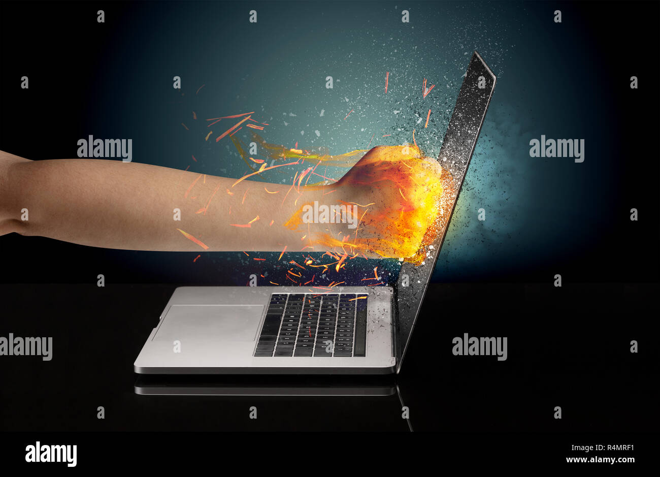 Arm hitting strongly laptop screen which breaks in little pieces Stock ...