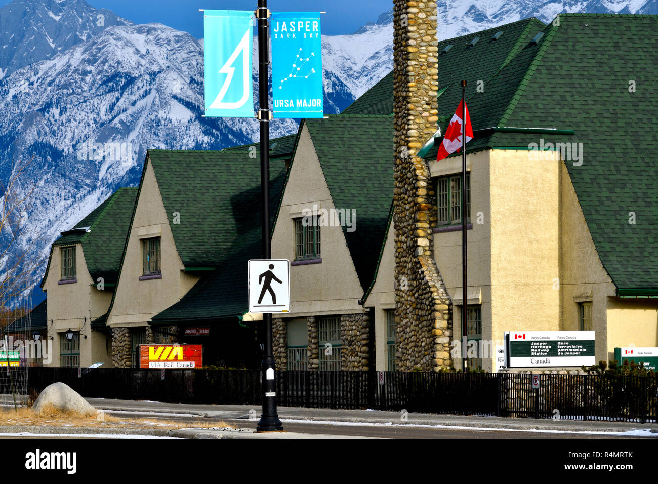 A close up image of the iconic Jasper Train Station with the snow ...