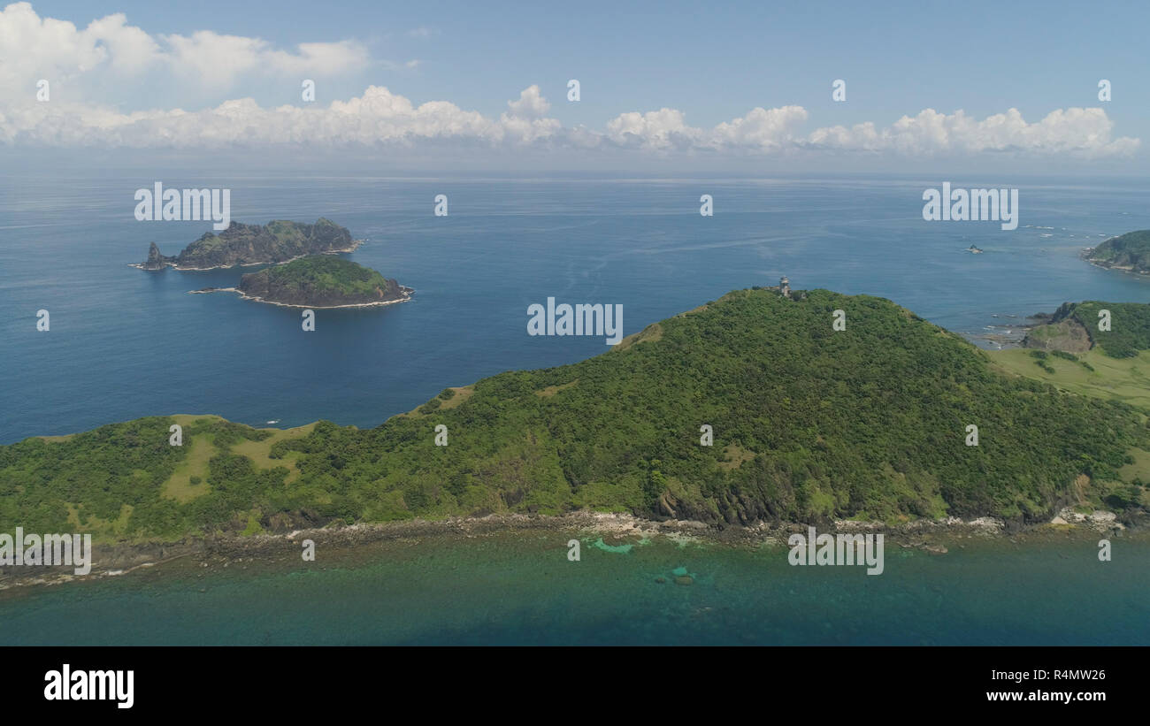 Aerial view of lighthouse in Palau island. Lighthouse in cape Engano ...