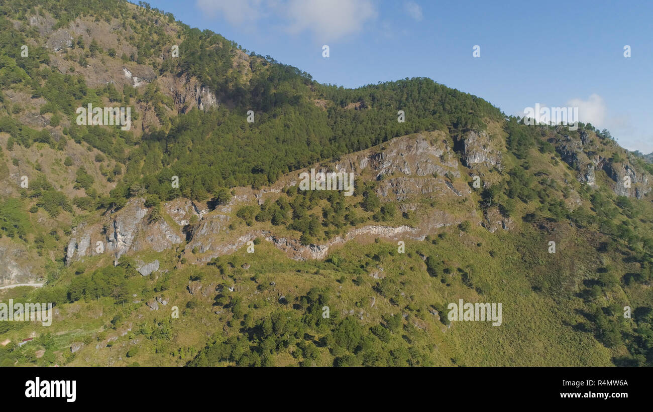 Aerial view of mountains covered forest, trees in clouds. Cordillera ...