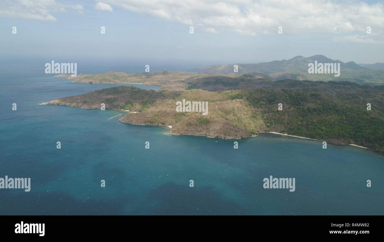 Aerial view of seashore with beach, lagoons and coral reefs ...