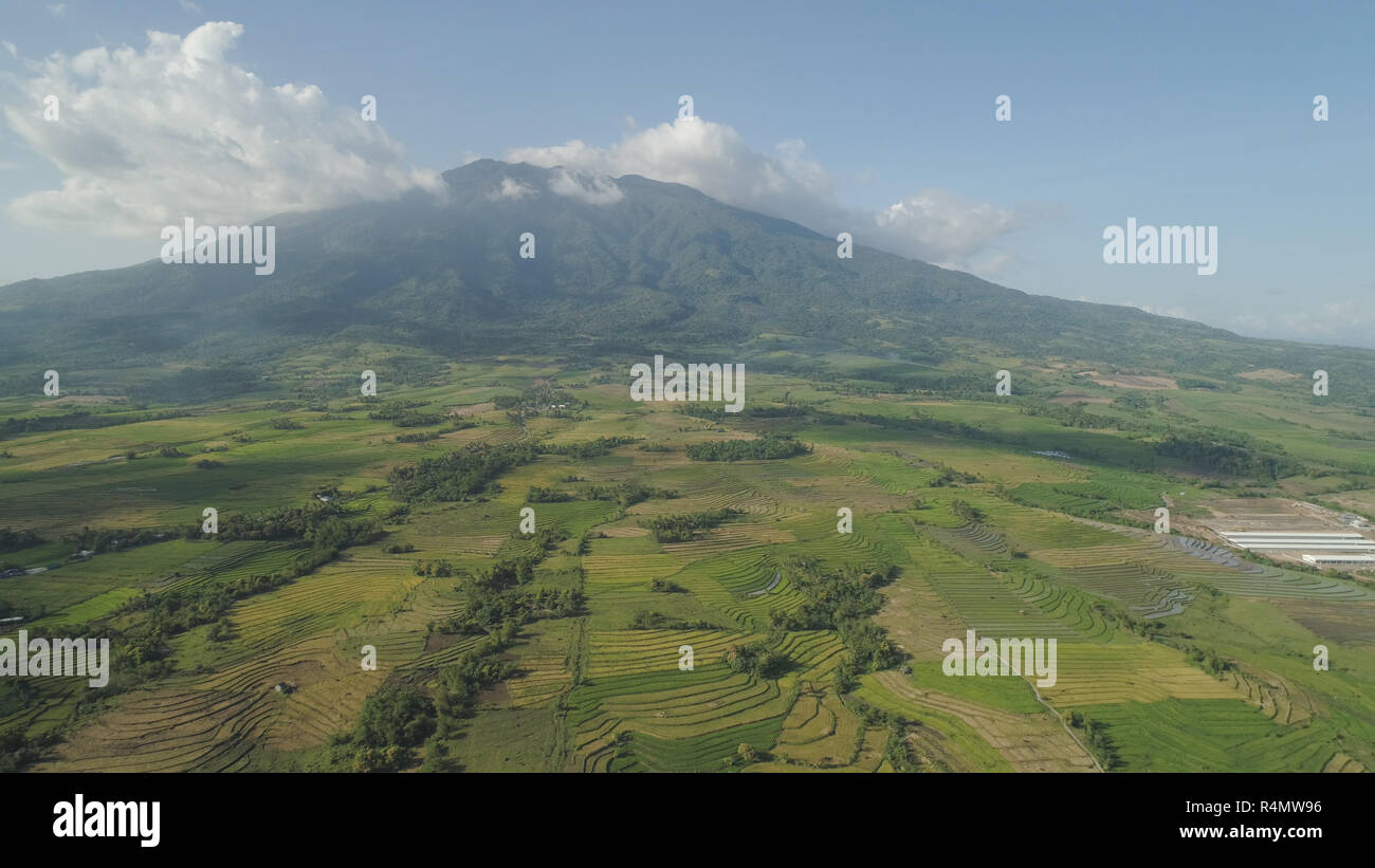 Mountain valley with farmland, rice terraces near mount Isarog. Aerial ...