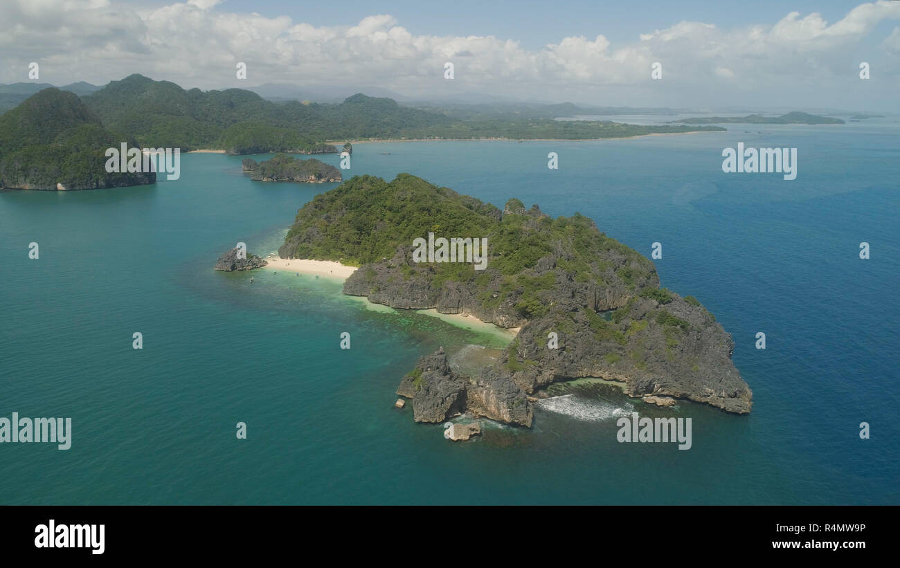 Aerial view of islands with sand beach and turquoise water in blue ...