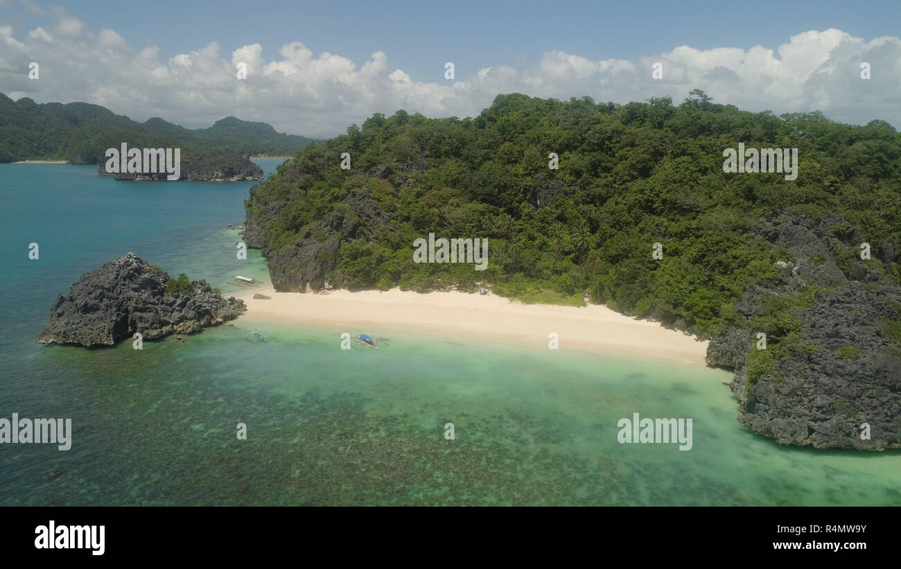 Aerial view Matukad island with sand beach and turquoise water in blue ...