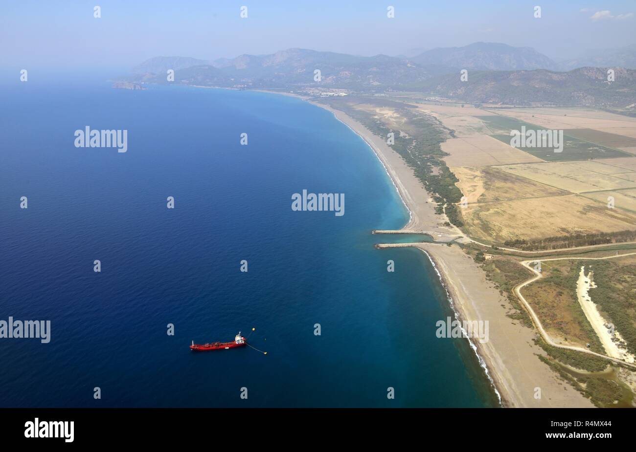 Aerial view over Dalaman beach toward Sarigerme on the Meditteranean ...