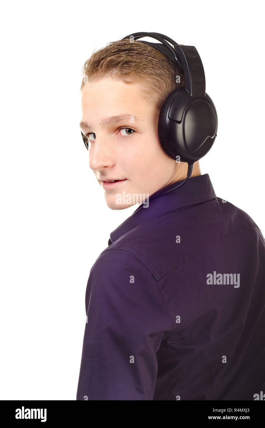 teenage boy with headphones isolated on a white background Stock Photo ...