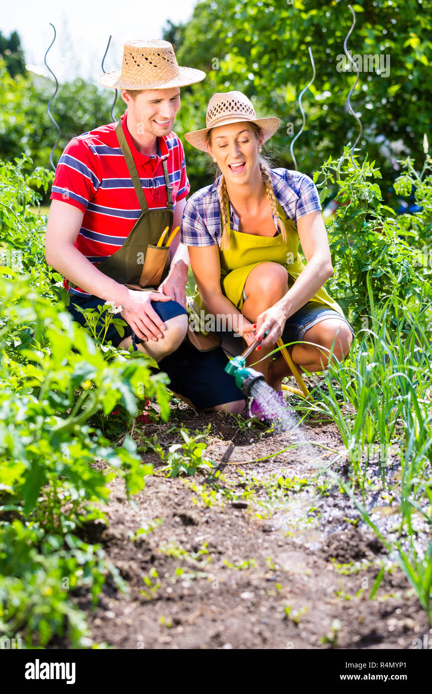 Couple with hose watering garden Stock Photo - Alamy