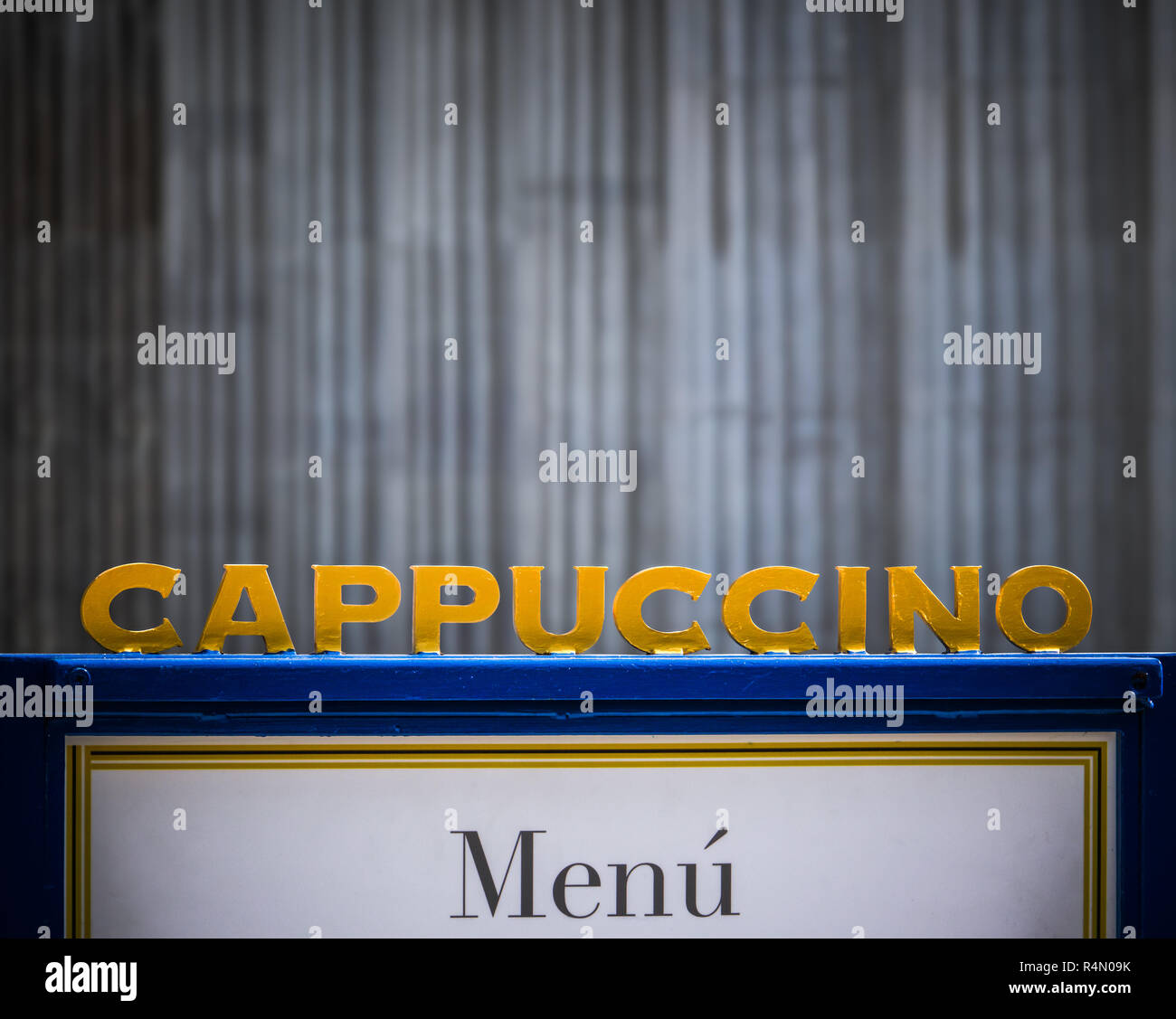 A Sign For Cappuccino At An Urban Coffee Shop With Copy Space Stock ...