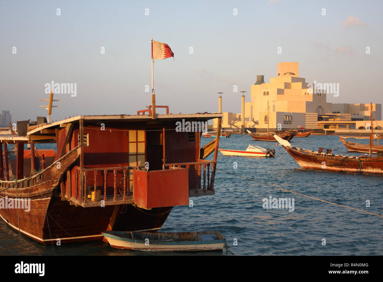 Fishing dhow in front of the Museum of Islamic Art, architect I.M.Pei ...